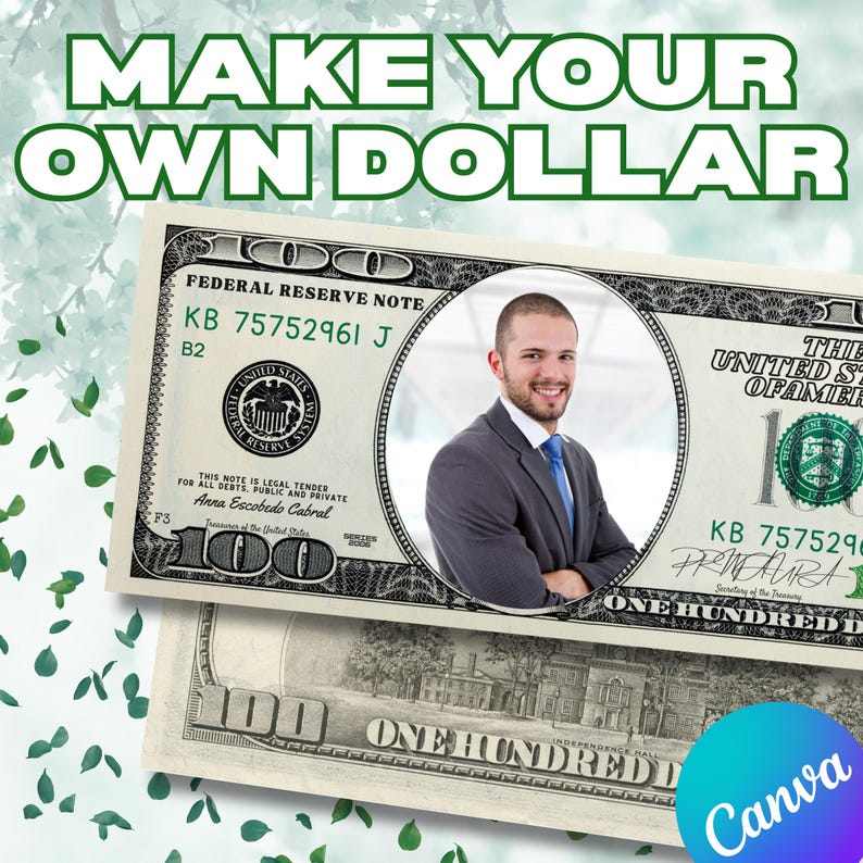 Custom 100 Dollar Bill Template, Editable Canva Money Design With Face ...