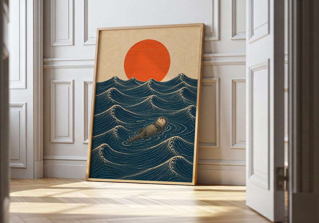 Japanese Otter Wall Art Print - Coastal Ocean Waves Artwork, Japandi ...