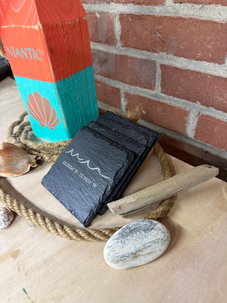 Personalized Slate Coaster – Coastline With Coordinates - Etsy