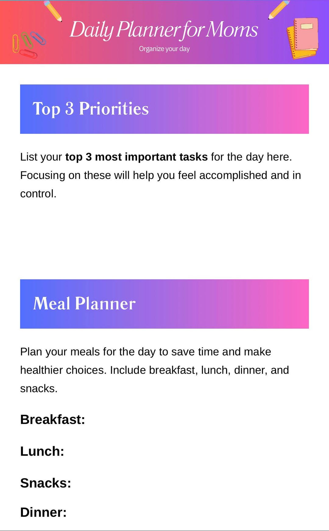 Printable Daily Mom Planner | PDF Daily Organizer for Busy Moms ...
