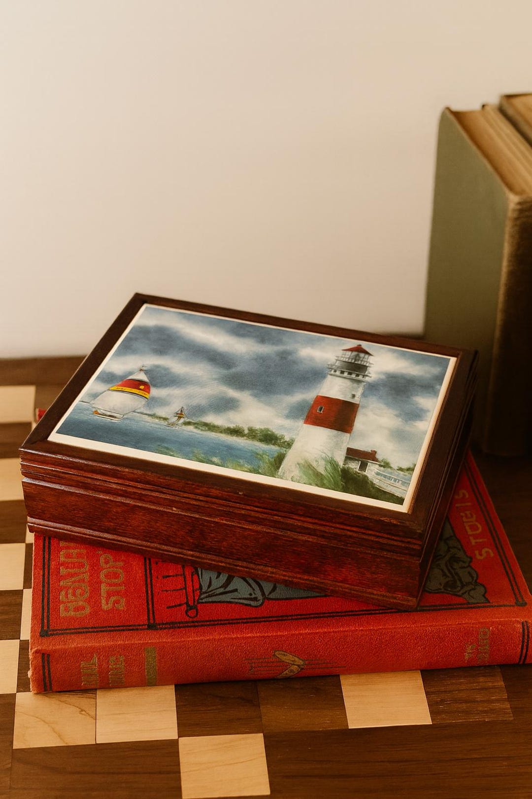 Vintage Nautical Jewelry Box – Lighthouse Sailboat Beach House Decor ...