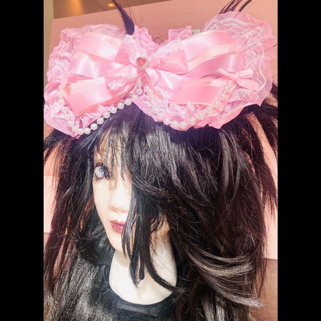 Hime Gyaru Hair Bow Massive Pink With Heart Charms and Pearls Handmade ...