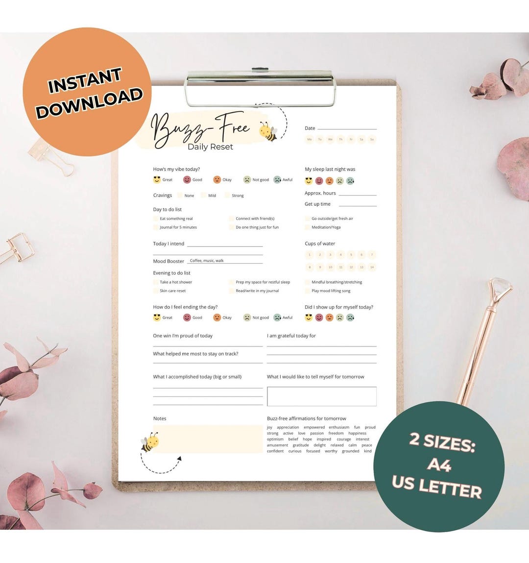 Buzz Free Daily Reset Tracker – Printable Sobriety Journal, Self Care ...