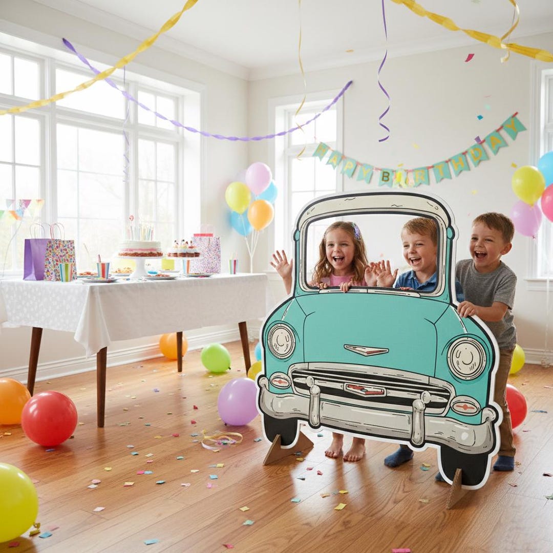 Vintage Cyan Car Photo Booth Prop, Retro Standee Backdrop (digital ...