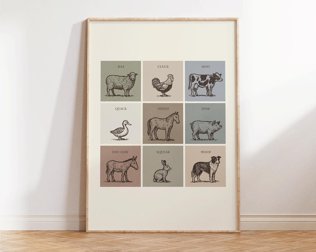 Farm Sounds, Retro Animal Illustration, Nursery Wall Art, Farmhouse ...