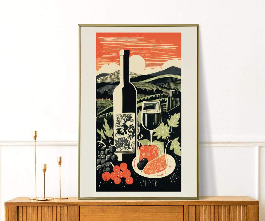 Retro Red Wine Hill Art Print - Kitchen Wall Art Decor Linocut Painting ...