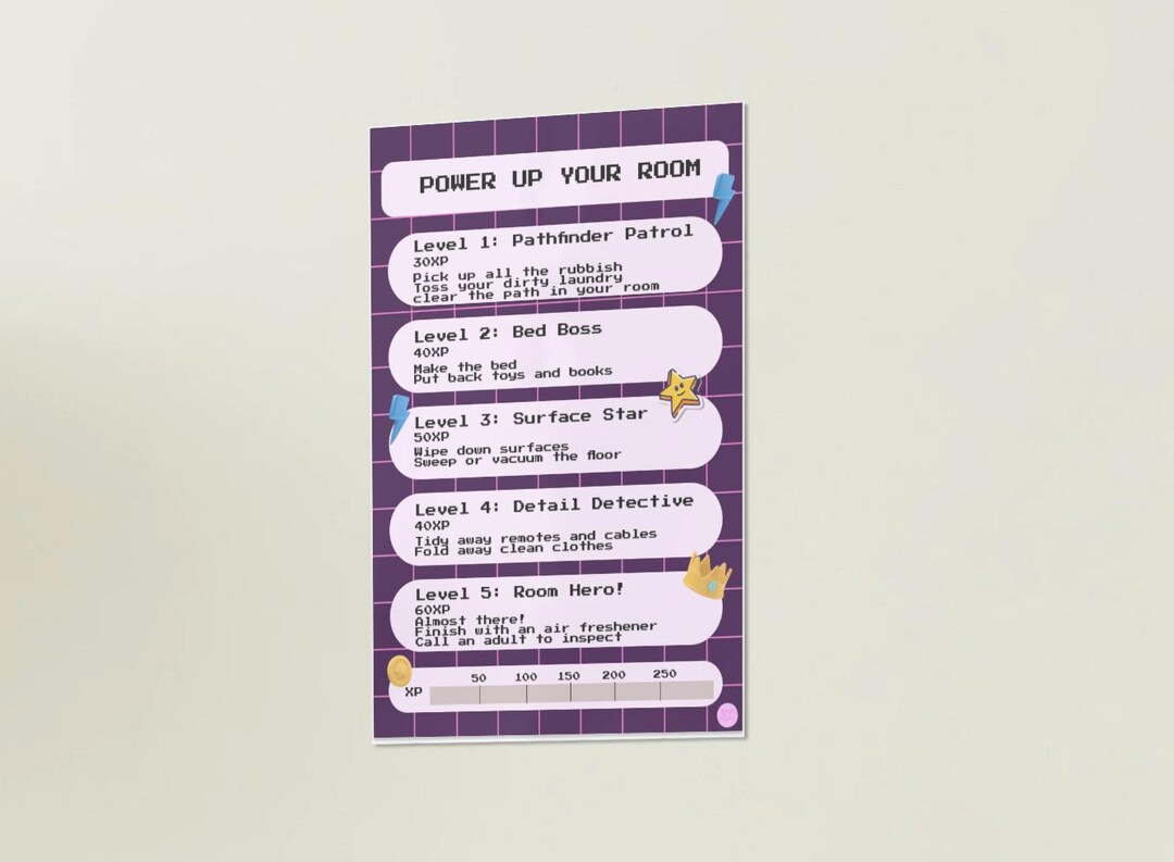 Kids Room Cleaning XP Chart | Gamified Chore Chart | Printable Reward ...