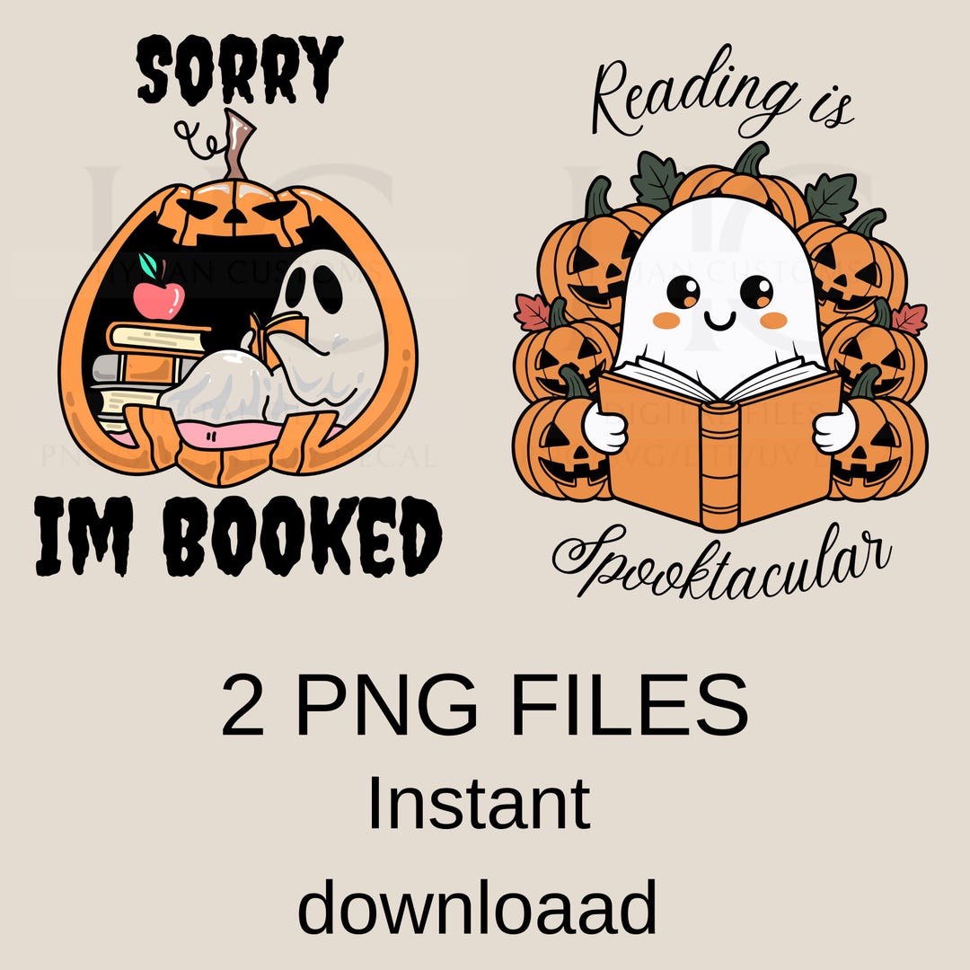 Halloween Ghost Reading PNG Bundle: "booked" & "spooktacular" Designs ...