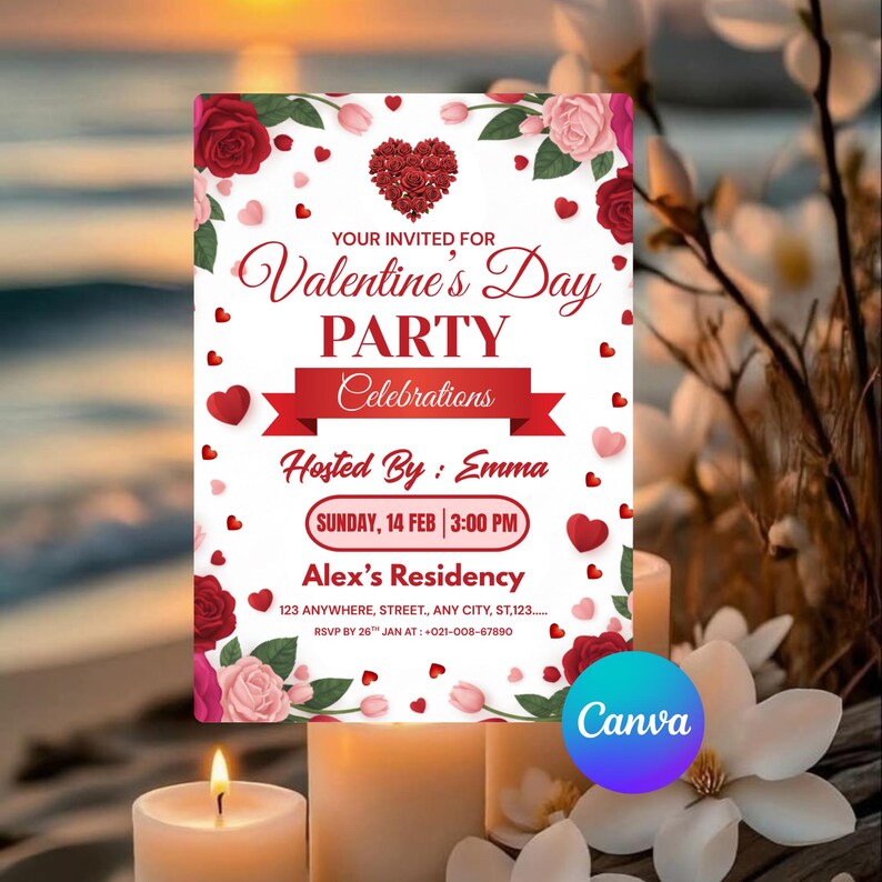 Red Hearts Valentine's Day Party Invitation Template: Editable ...