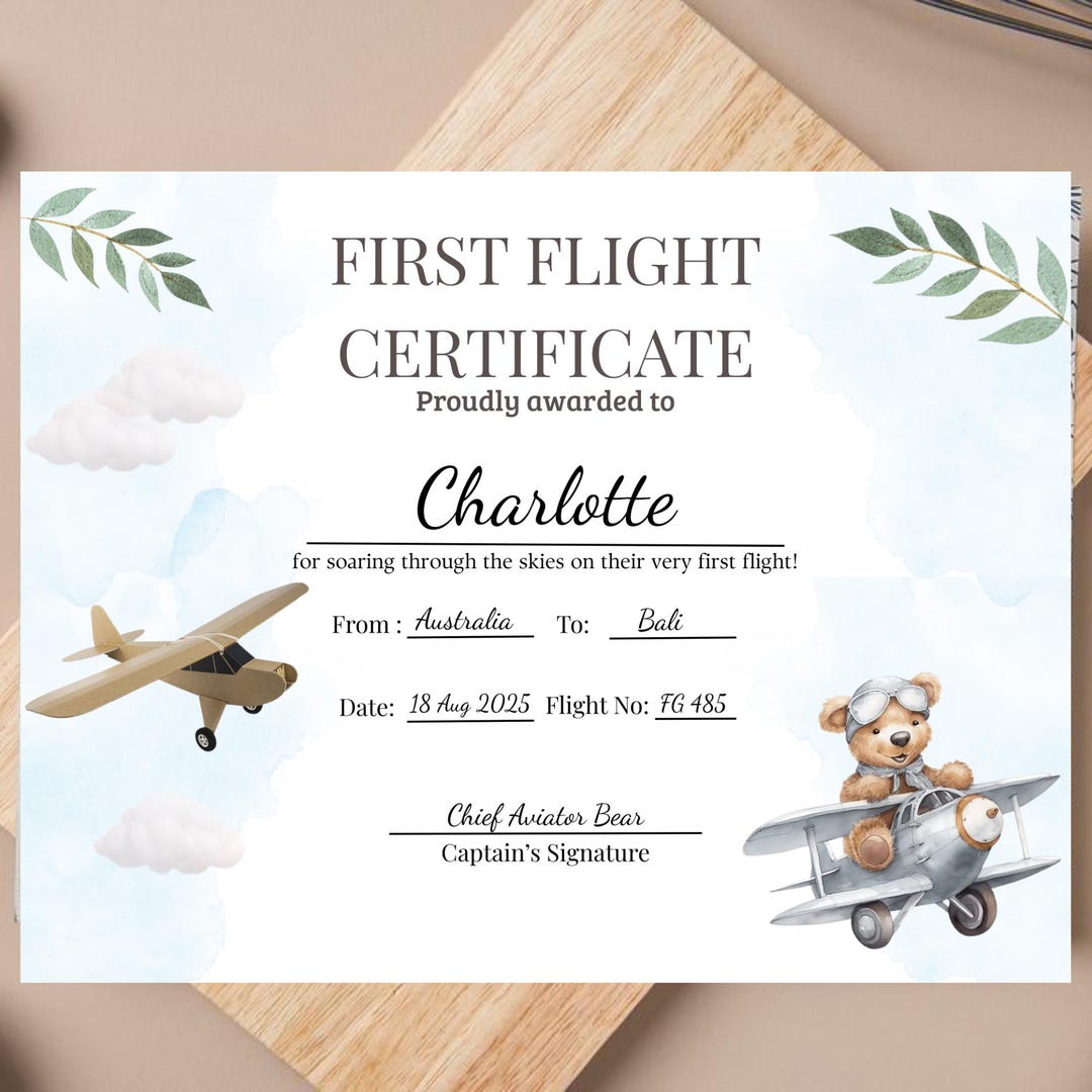 Editable First Flight Certificate: Vintage Plane Kids Award (digital ...