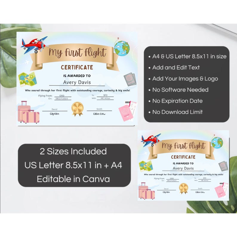 Editable First Flight Certificate Keepsake (canva Template) - Etsy