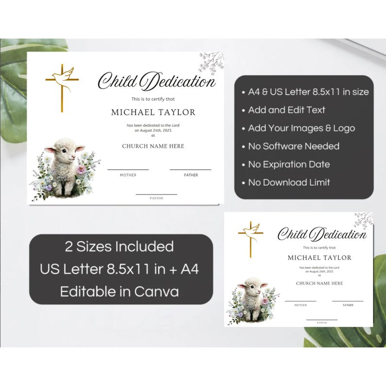 Editable Baby Dedication Certificate Template: Printable Keepsake ...