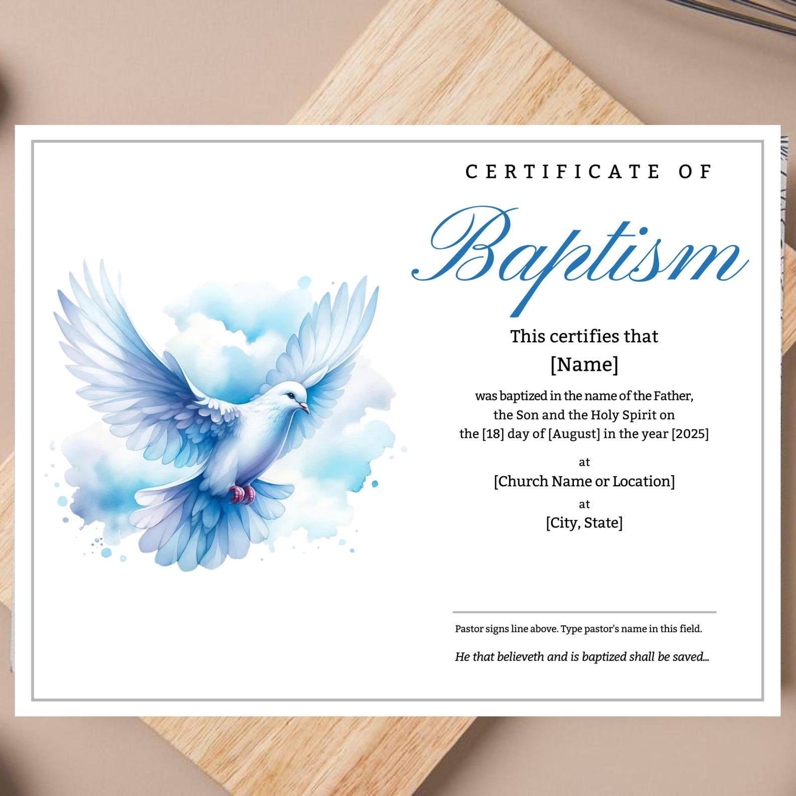Editable Baptism Certificate Template: Minimalist Church Gift (canva ...