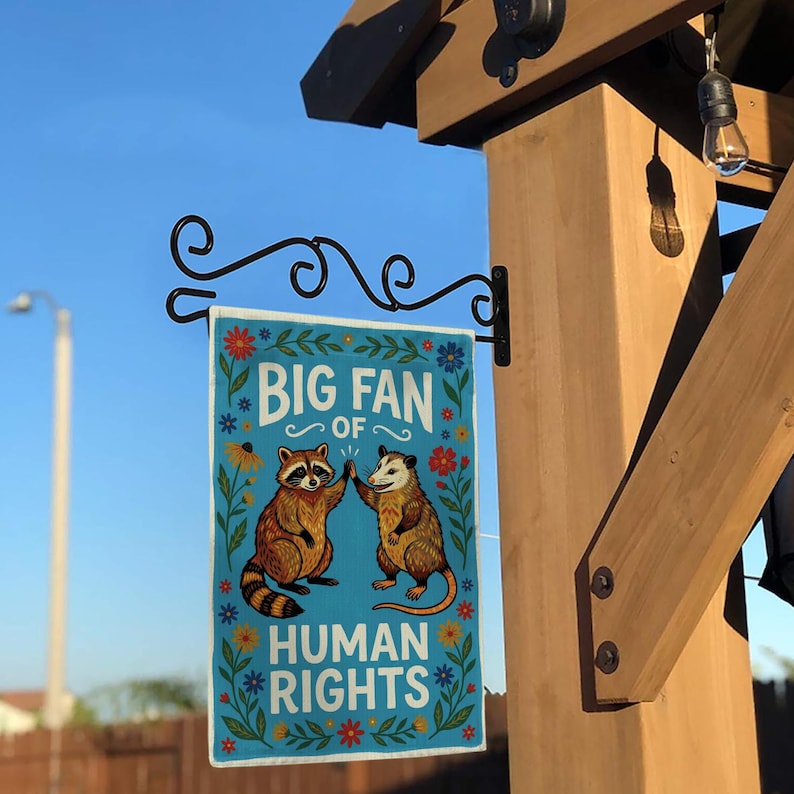 Garden Flag, “big Fan of Human Rights”, Raccoon & Possum Outdoor Yard ...