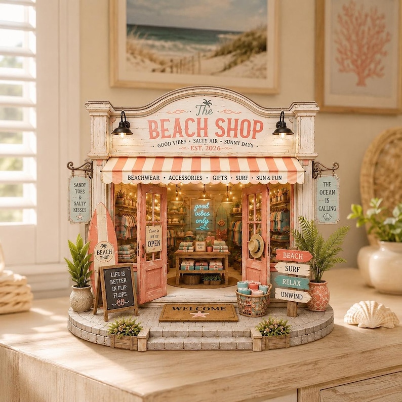 Beach Shop 2d Flat Wooden Block Decor, Coastal Store Miniature, Beach ...