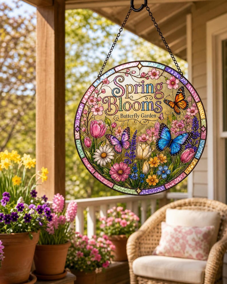 Spring Blooms Butterfly Garden Stained Glass Suncatcher, Floral Window ...