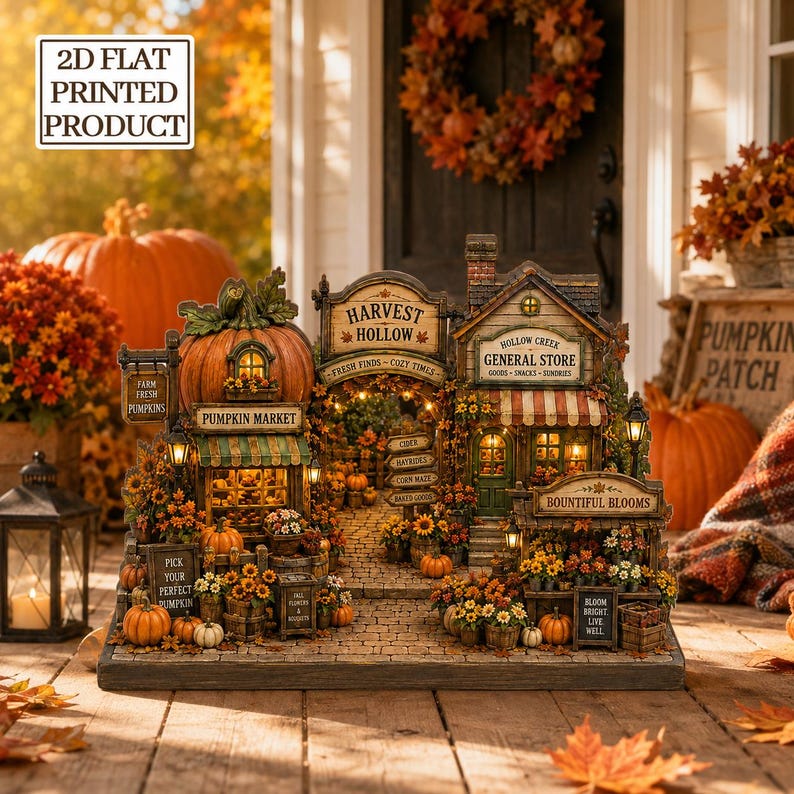 Harvest Hollow Wooden Block Decor, Pumpkin Market Fall Village, Autumn ...