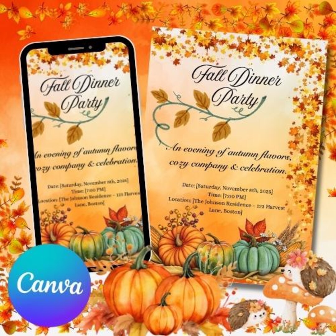 Autumn Dinner Party Invitation: Rustic Thanksgiving Template (digital ...