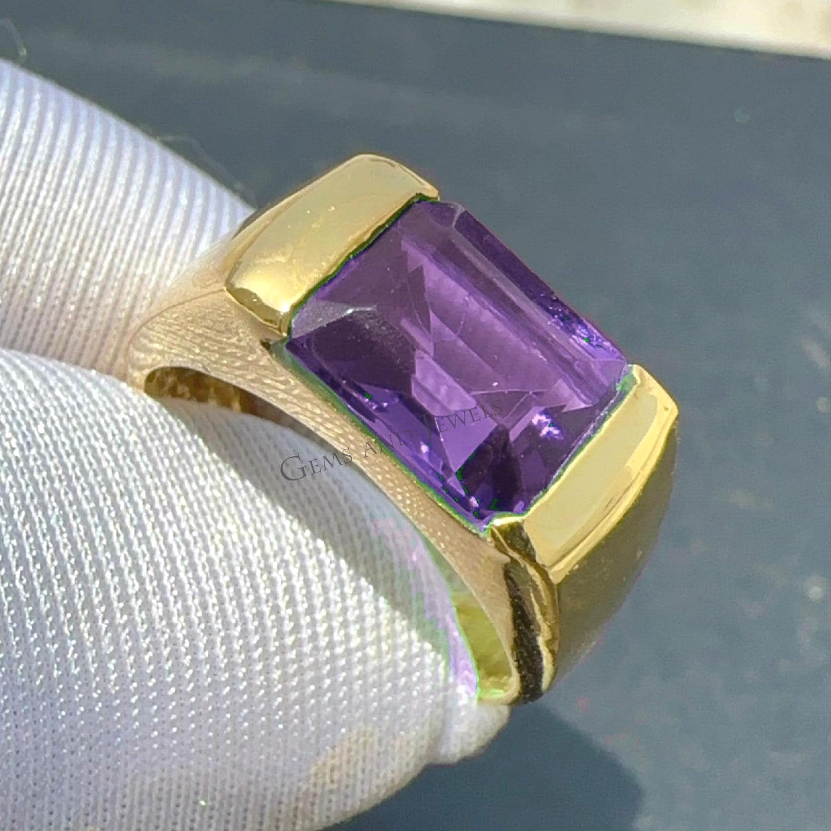Radiant Cut Purple Amethyst Ring: 14K Yellow Gold Men's Art Deco Style ...