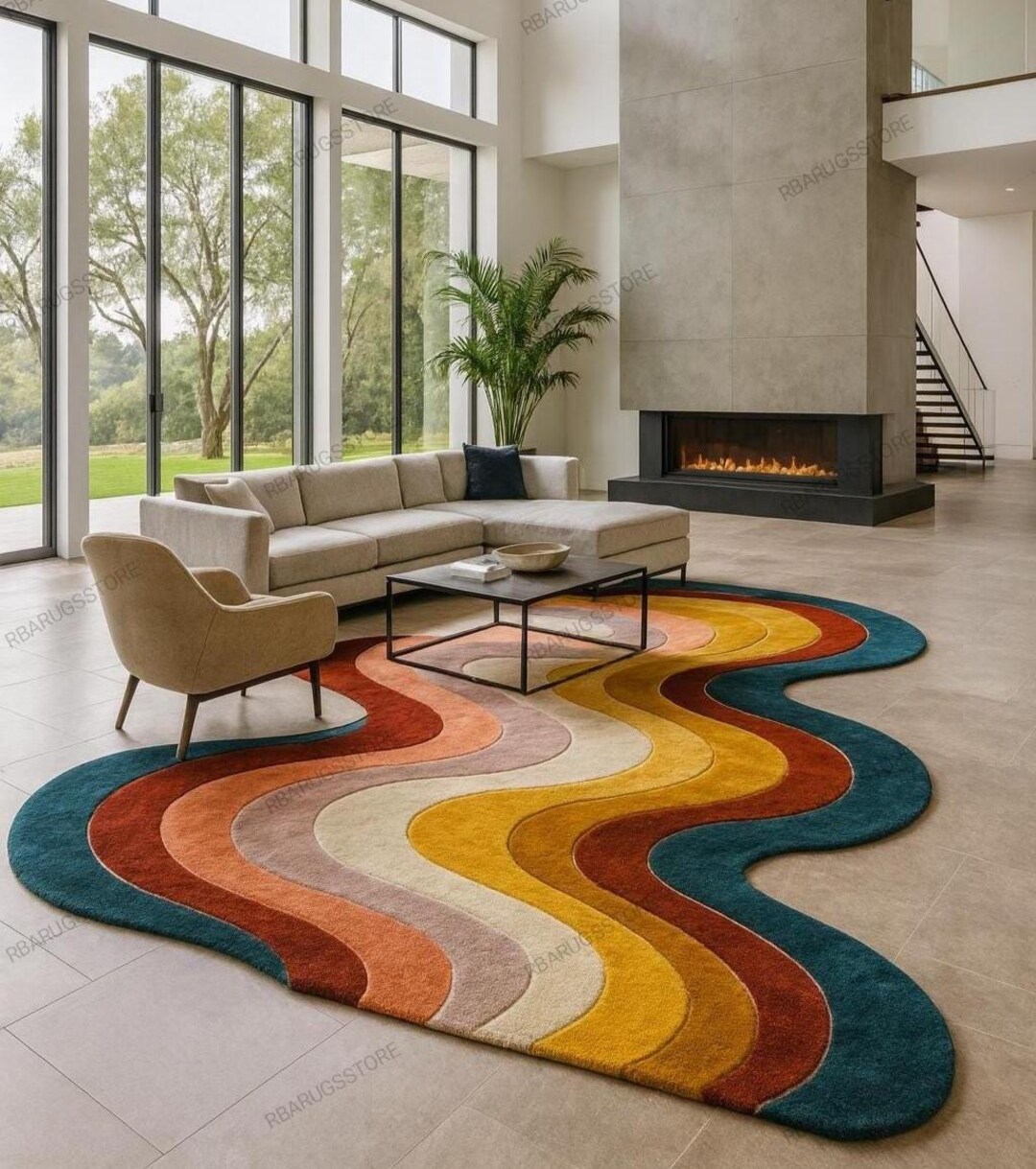 Hand-tufted Wool Rug: Modern Colorful Wavy Design, Curvy Edge - Boho ...