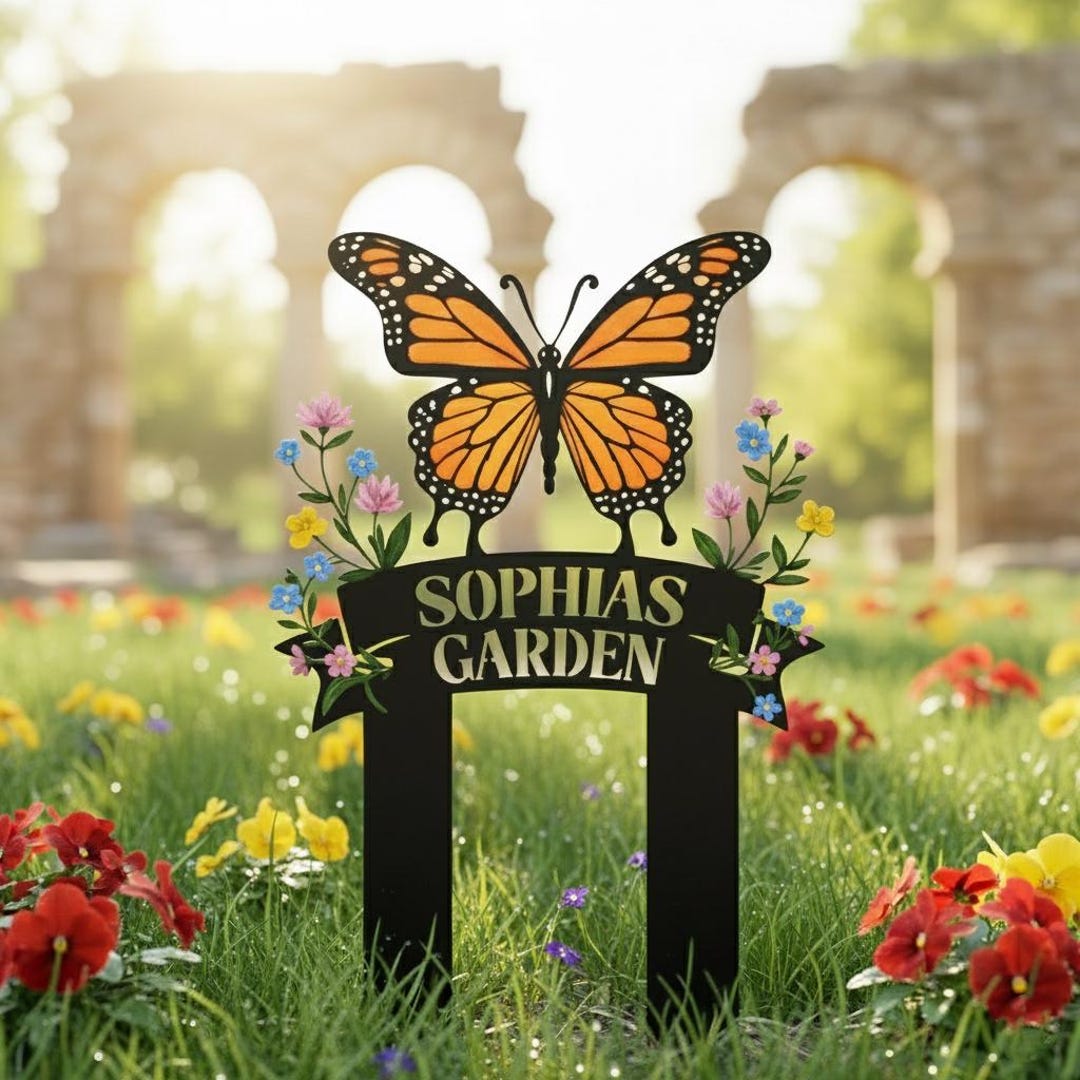 Custom Butterfly Garden Sign, Yard Stake With Flowers and Monarch ...