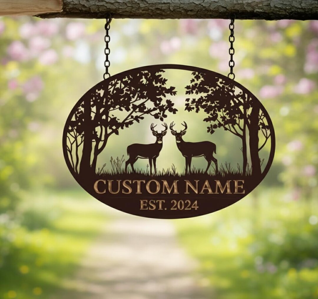 Custom Deer Family Name Sign, Deer Forest Cabin Metal Sign, Cabin Name ...