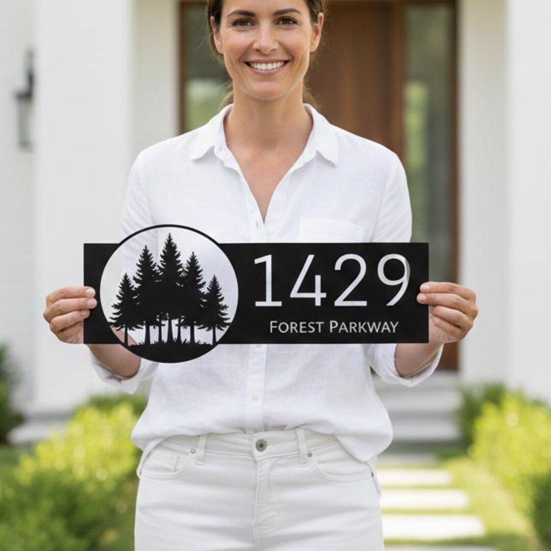 Pine Tree House Number Sign, Custom Metal Address Plaque, Forest Theme ...