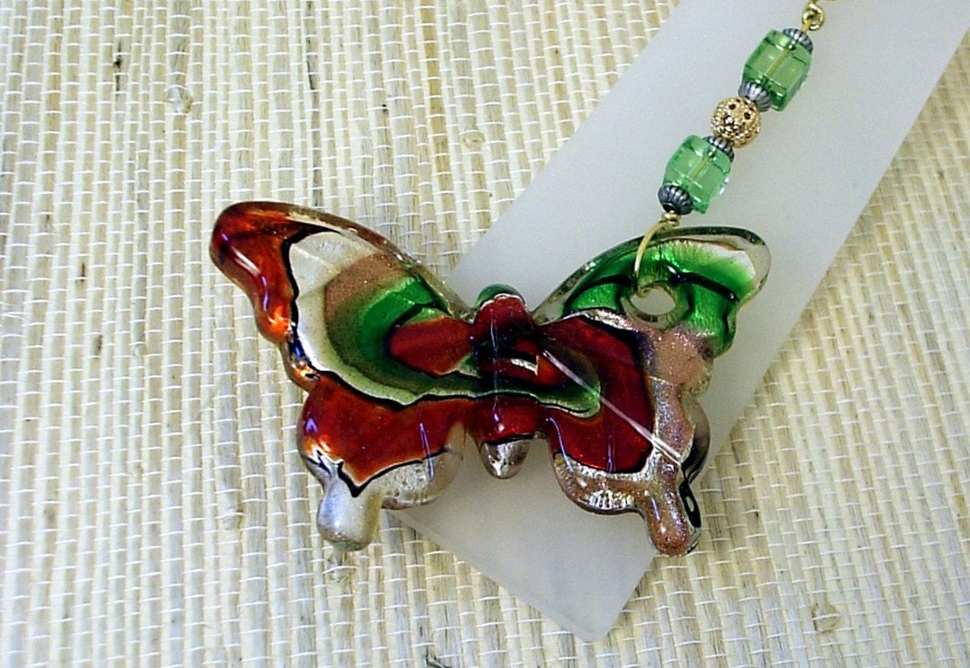 Lampwork Glass Butterfly Fan Pull Red Silver Gold & Green - Etsy