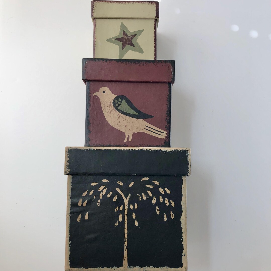 Primitive Folk Art Stacking Nesting Boxes Square Set of 3 Bird Weeping ...