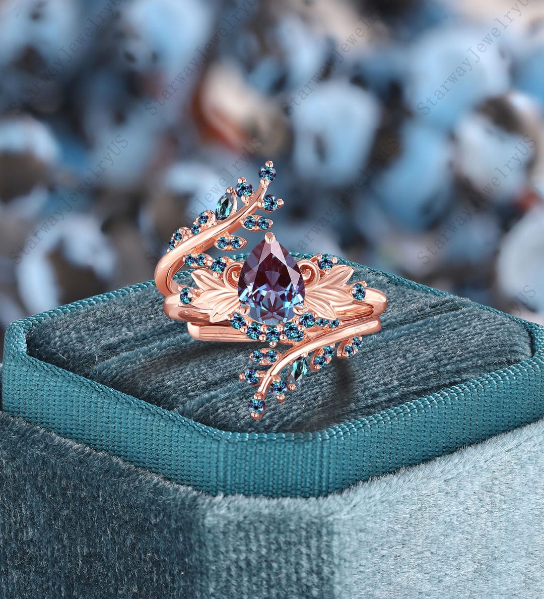 Vintage Floral Leaf Pear Alexandrite Engagement Ring Set Rose Gold ...