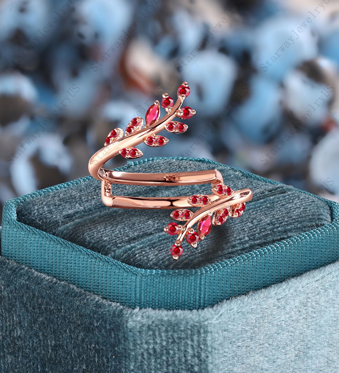 Vintage Leaf Floral Ruby Wedding Rings Unique14k Rose Gold Stacking ...