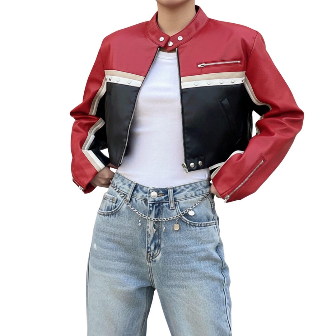 Womens Cropped Leather Biker Jacket Black Red Real Sheepskin Motorcycle ...