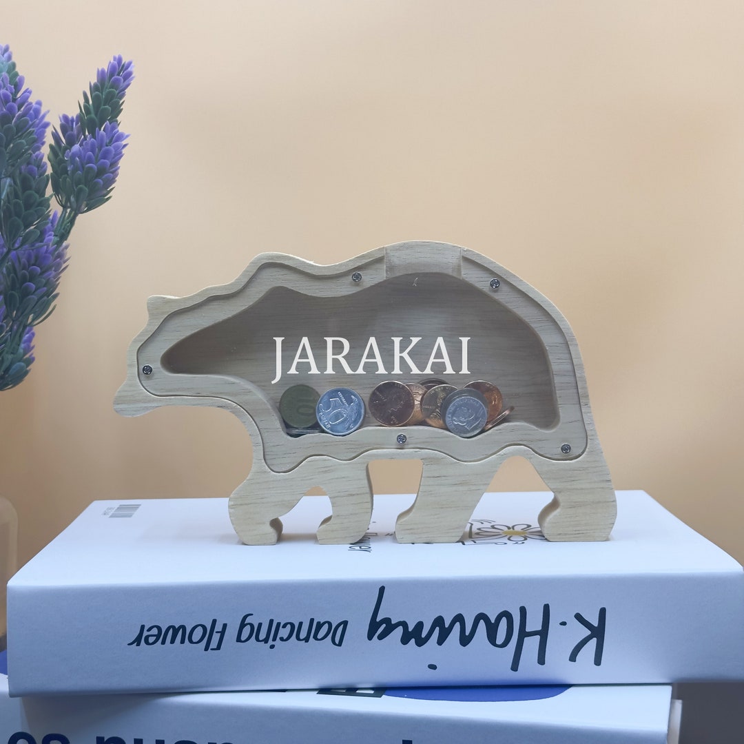 Personalized Bear Piggy Bank, Wood Piggy Bank, Teach Savings Montessori ...