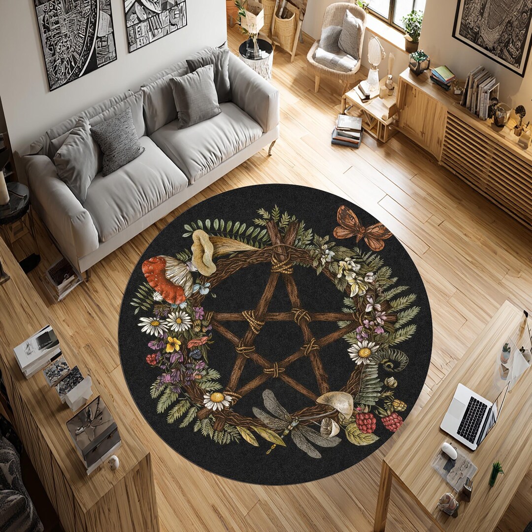 Witchy Pentacle Round Rug, Botanical Pentagram Carpet, Forest Magic ...