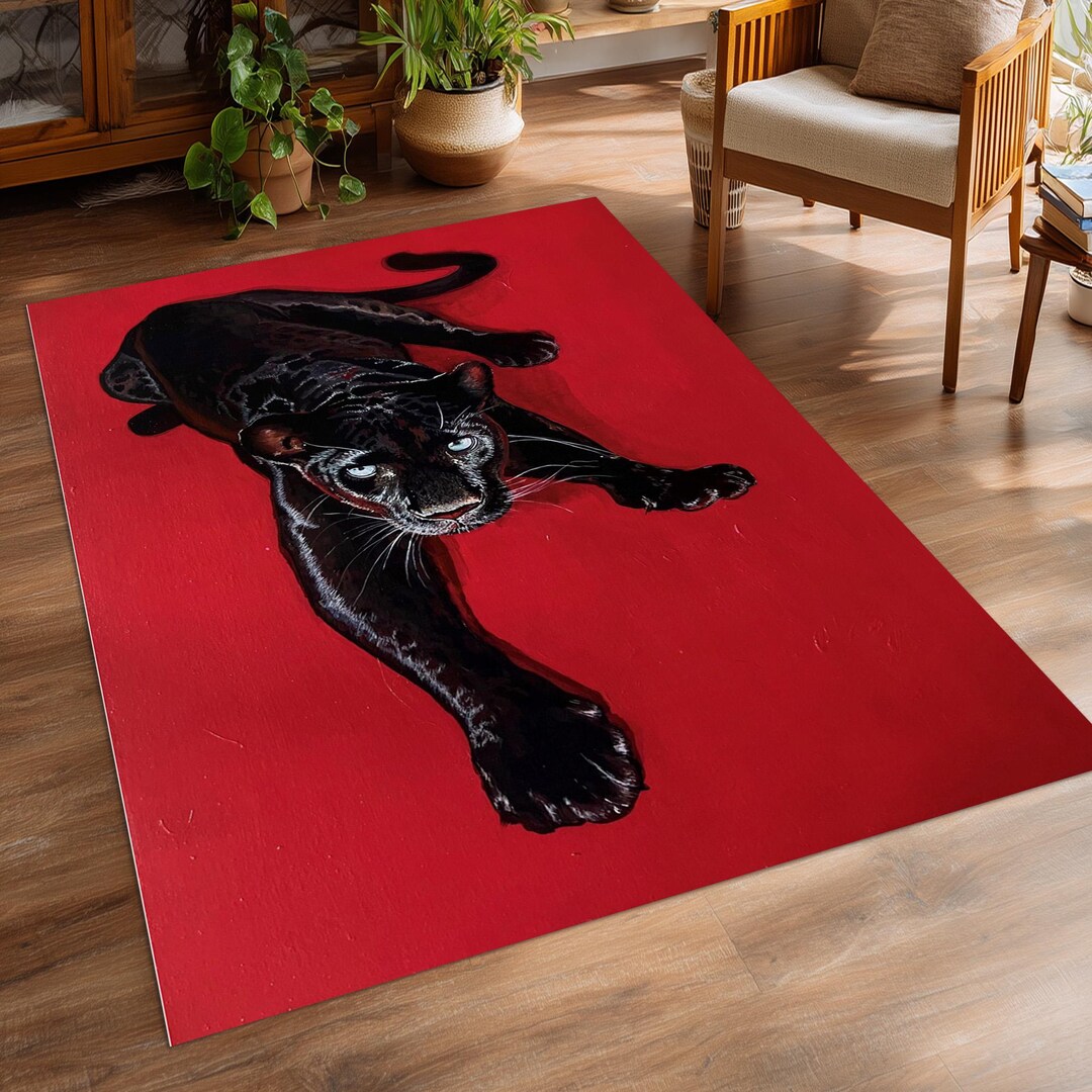 Black Panther Rug: Bold Jungle Animal Carpet, Red Background - Etsy