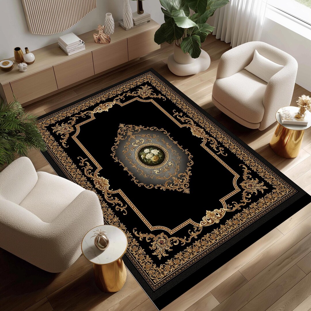 Luxury Black and Gold Baroque Rug – Elegant Ornate Floral Medallion ...