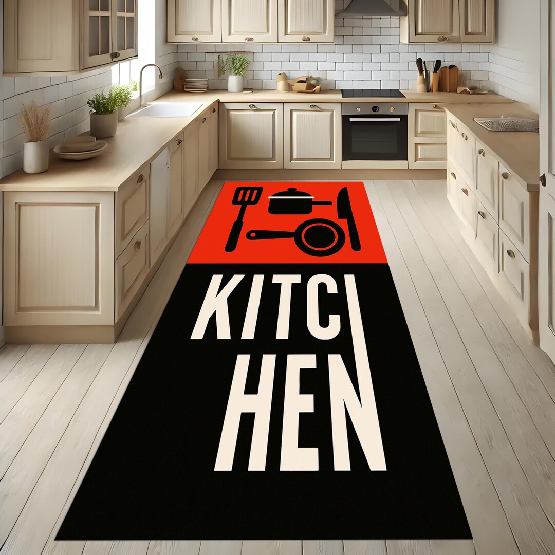 Modern Kitchen Runner Rug: Red Black Cooking Utensil Design, Stylish ...