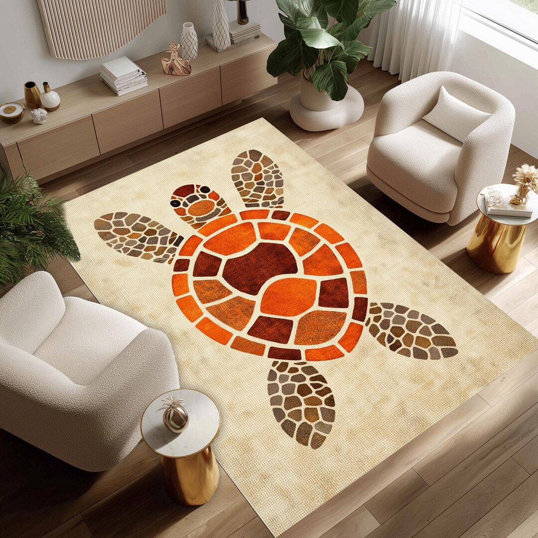 Sea Turtle Area Rug, Coastal Beach Decor Carpet, Boho Ocean Turtle Rug ...