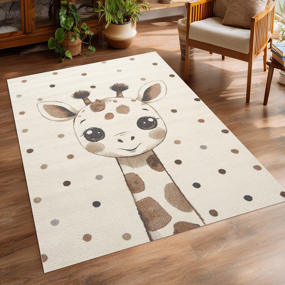 Cute Giraffe Rug: Beige Brown Carpet, Adorable Animal Design, Kids Room ...
