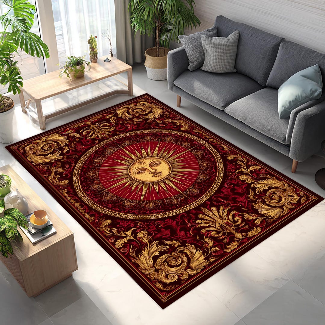 Golden Sun Face Rug: Baroque Red Ornamental Sunburst - Etsy