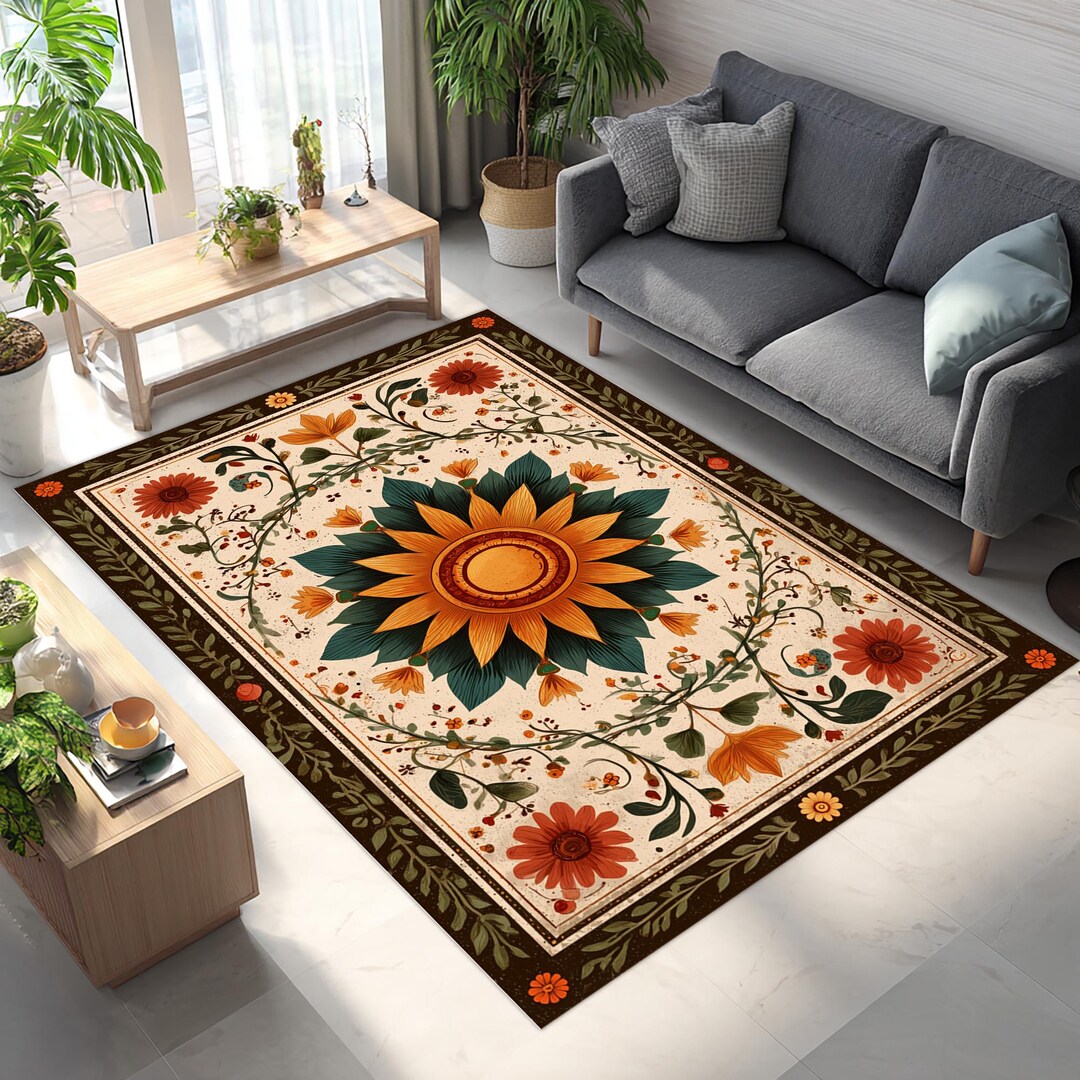 Sunflower Rug: Cottagecore Floral Frame, Botanical Sun - Etsy