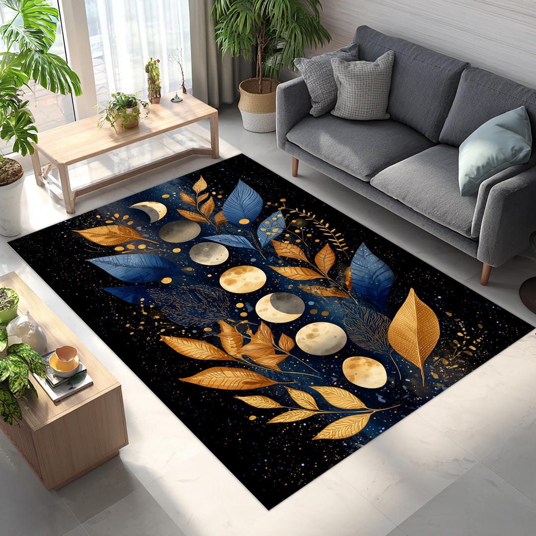 Moon Phases Rug: Blue Gold Botanical Celestial Design - Etsy