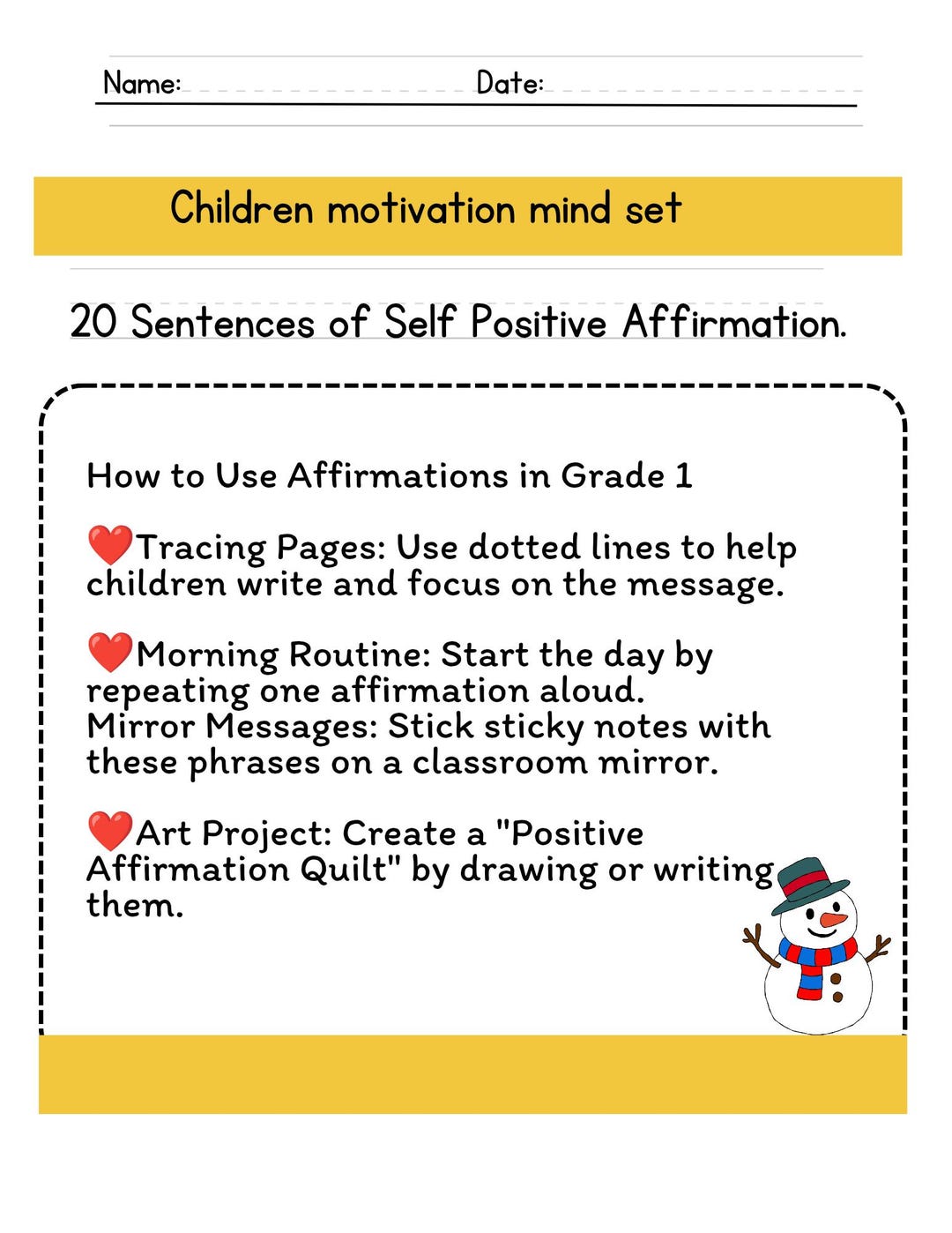 Preschool Positive Affirmations Handwriting Practice Worksheet (PDF ...