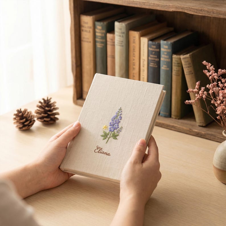Hand Embroidered Birth Flower A5 Notebook, Personalized Floral Journal ...