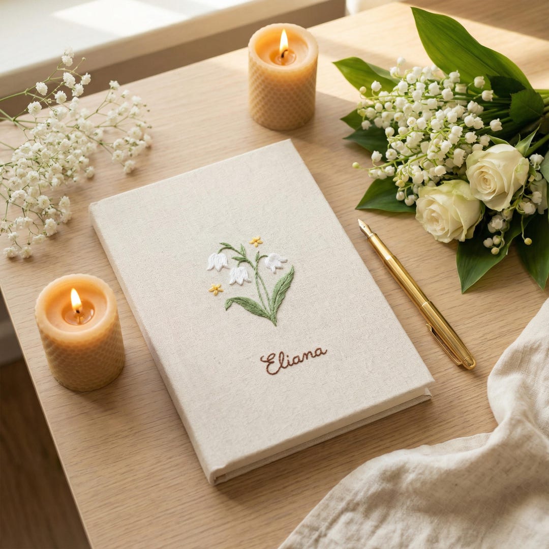 Hand Embroidered Birth Flower A5 Notebook, Personalized Floral Journal ...