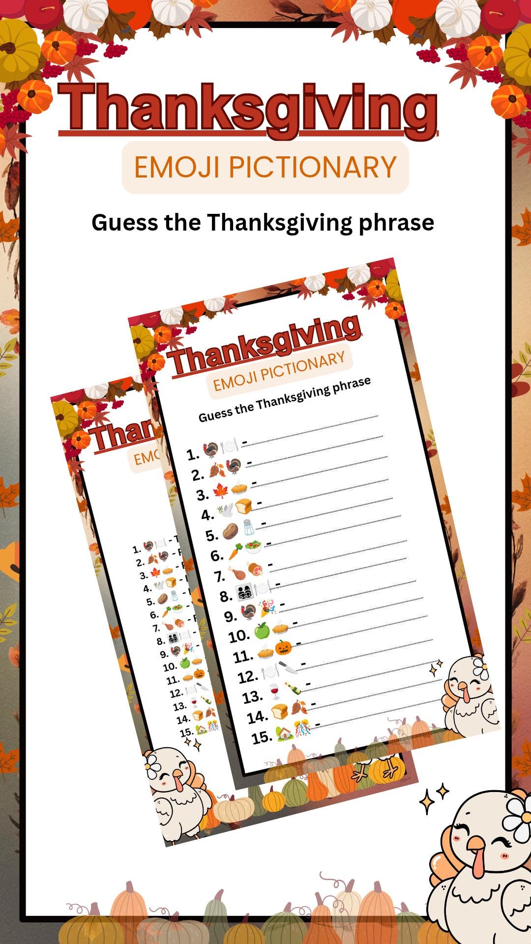Thanksgiving Emoji Pictionary Game | Family Party (instant Download PDF ...