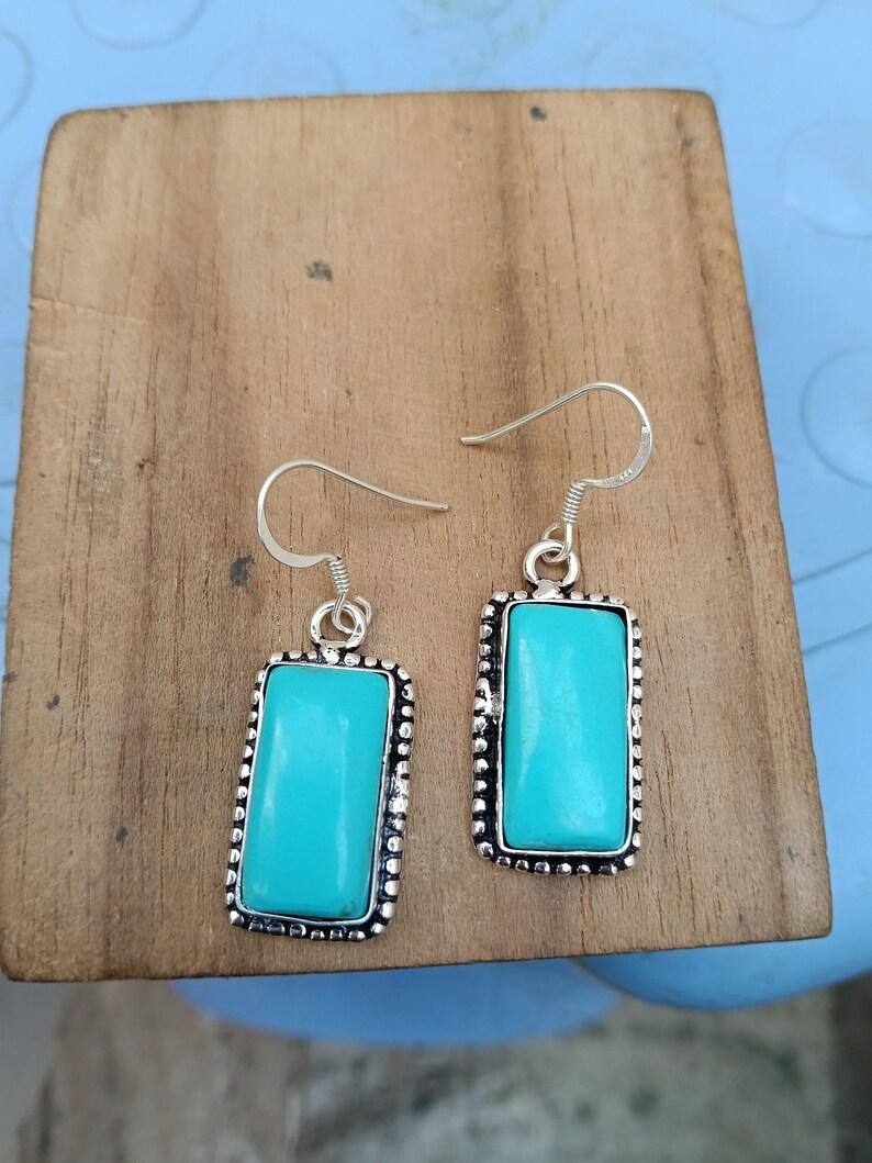 Handmade Turquoise Silver Earrings | Rectangle Gemstone Dangle Earrings ...
