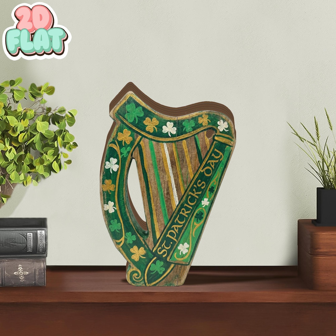 St Patrick Harp 2D FLAT Wooden Block Decor, Irish Harp Shelf Sign ...
