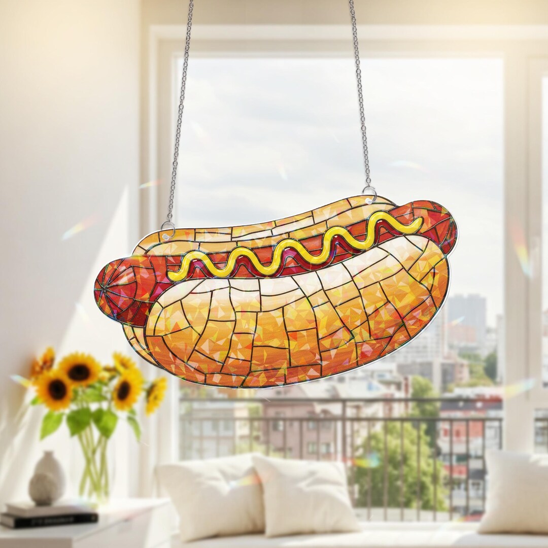 Hot Dog ACRYLIC Hologram Window Hanging, Food Stained Glass Style ...