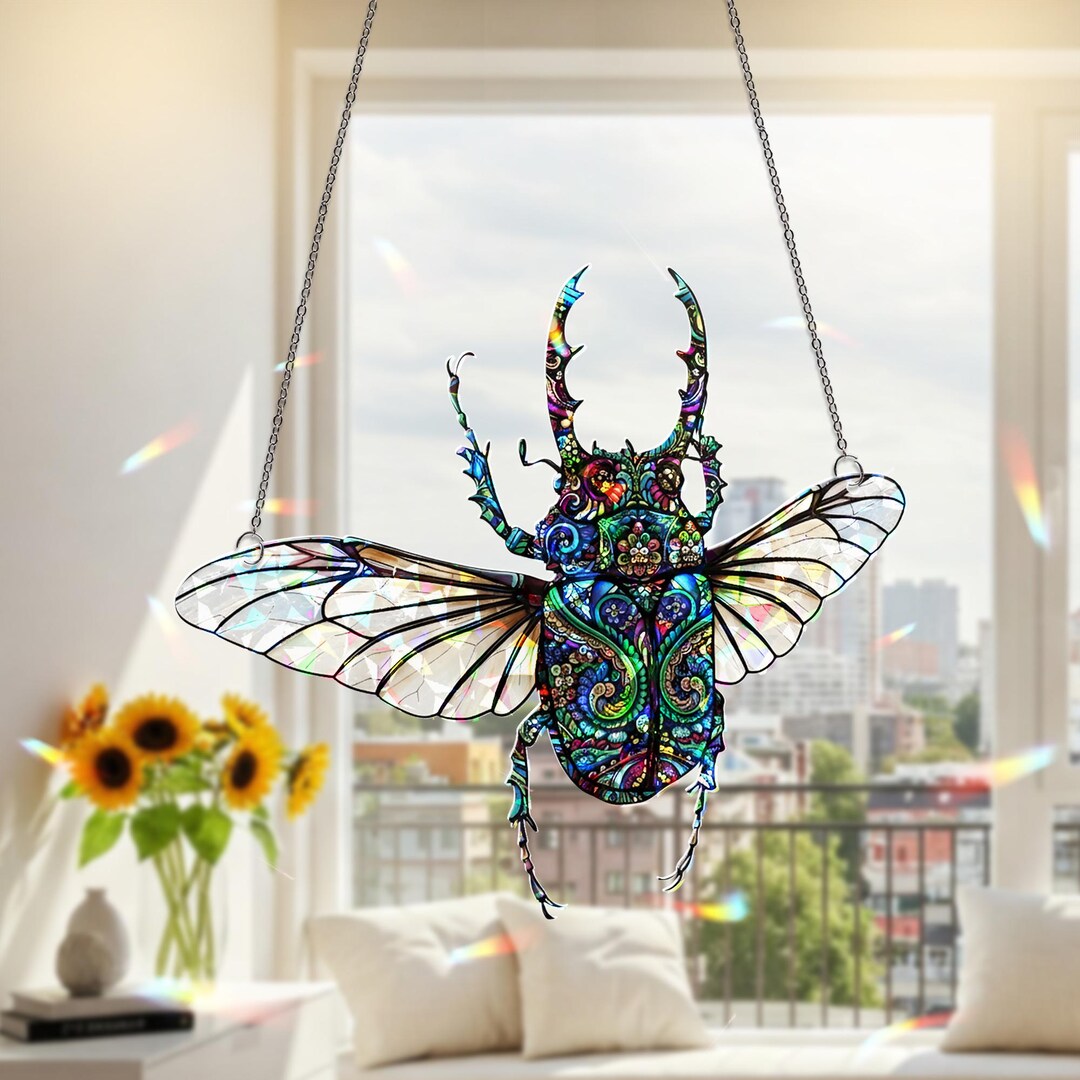 Stag Beetle Acrylic Hologram Window Hanging, Stained Glass Style Bug ...